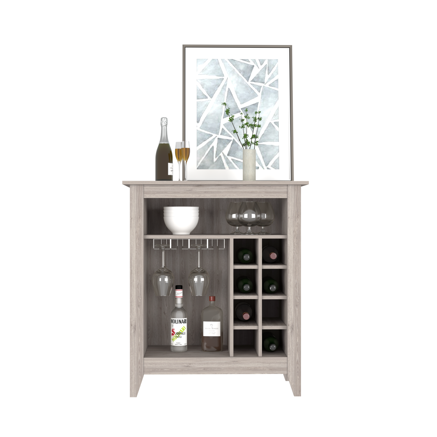 Bar Cabinet Castle, One Open Shelf, Six Wine Cubbies, Light Gray Finis ...